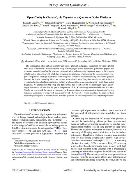 Pdf Open Cavity In Closed Cycle Cryostat As A Quantum Optics Platform