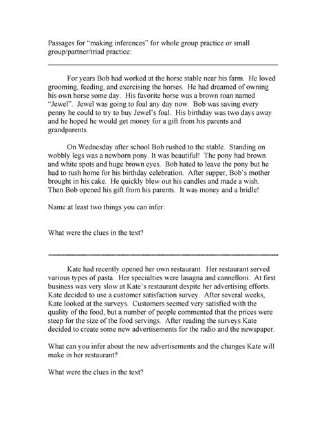 Passages For Inference Passages For “making Inferences” For Whole