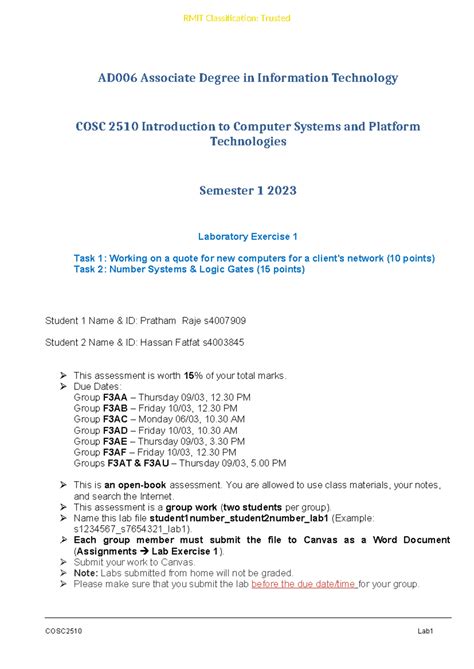 Lab1 Exercise Assessment AD006 Associate Degree In Information Technology COSC 2510