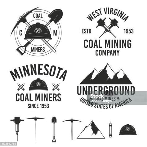 빈티지 석탄 채광 로고 템플릿 집합입니다 7 엠 블 럼 라벨 배지를 마이닝 하기 위한 디자인 요소 벡터 일러스트 금광에 대한 스톡 벡터 아트 및 기타 이미지 Istock