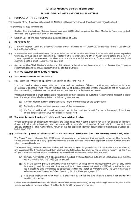 Chief Masters Directive 2 OF 2017 IV CHIEF MASTER S DIRECTIVE 2 OF 2017 TRUSTS DEALING WITH