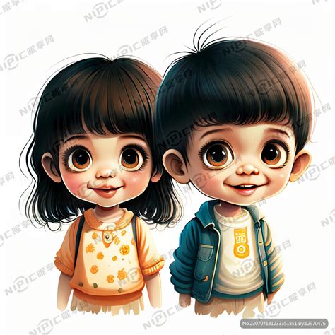 Ai创作图白底 小女孩 小男孩 大眼睛 东方面孔 童真 开心 大笑 可爱 全身 卡通 正面 面部柔和 昵图网