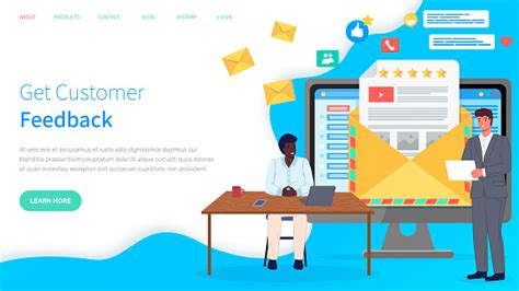 고객 피드백 웹 사이트 템플릿을 가져옵니다 관리자와 마케터는 사용자 경험 반응을 연구합니다 고객 중심에 대한 스톡 벡터 아트 및 기타 이미지 Istock