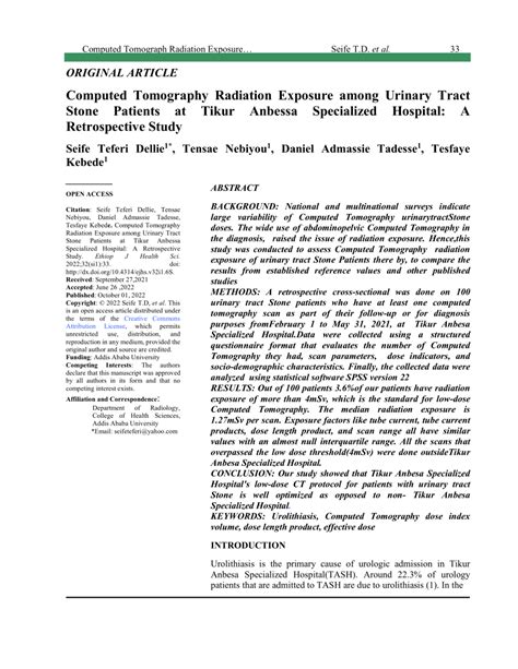 Pdf Computed Tomography Radiation Exposure Among Urinary Tract Stone Patients At Tikur Anbessa