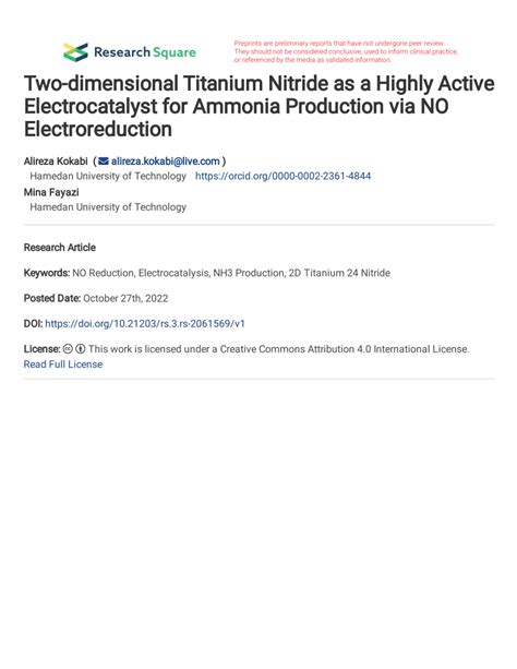 Pdf Two Dimensional Titanium Nitride As A Highly Active Electrocatalyst For Ammonia Production