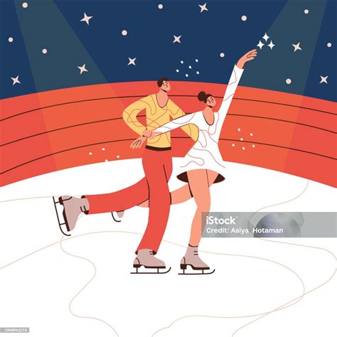 커플 피겨 스케이터 고립 만화 플랫 벡터 일러스트 트렌디 한 색상 쌍 피겨 스케이팅 겨울 스포츠 아이스 댄서 체조 여자 챔피언십 경쟁 활동 현대 디자인 요소