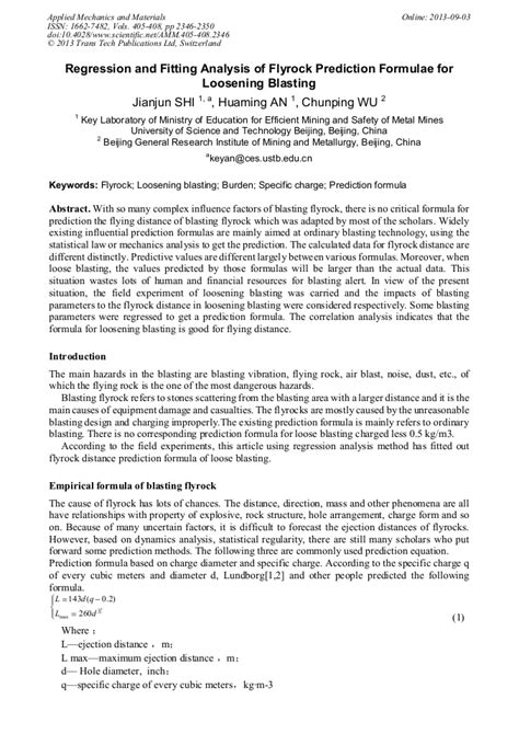 Regression And Fitting Analysis Of Flyrock Prediction Formulae For