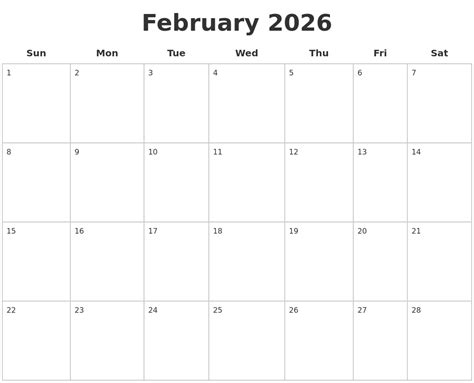 Download And Print Blank February 2026 Calendar Printable Free Pdf