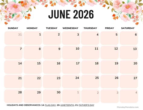 Free Printable June 2026 Calendar