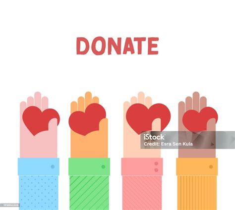 다양한 인종과 국적의 사람들의 손에 하트가 들려 있습니다 그것은 자선 기부 자선의 개념을 가지고 있으며 기부라고 말합니다 Charitable Foundation에 대한 스톡