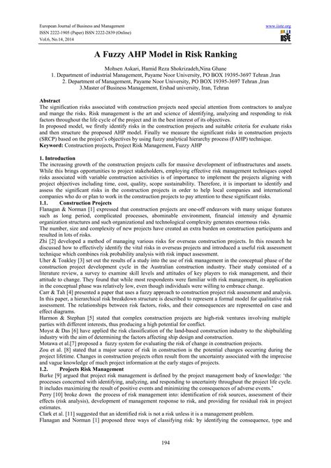 A Fuzzy Ahp Model In Risk Ranking Pdf Civil Engineering Industry Industries