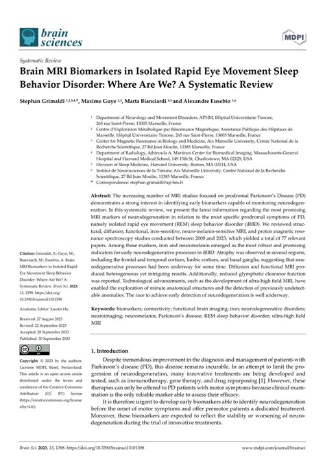 Pdf Brain Mri Biomarkers In Isolated Rapid Eye Movement Sleep