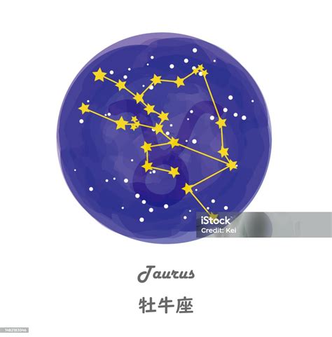 별이 빛나는 하늘을 배경으로 그려진 황소 자리 별자리 선을 그림으로 영어와 일본어로 별자리 이름을 표시합니다 공감에 대한 스톡