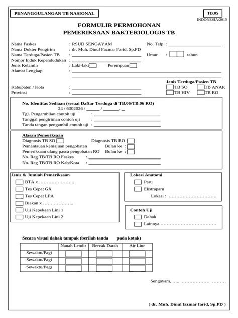 Tb05 Formulir Permohonan Pemeriksaan Bakteriologis Tb Pdf