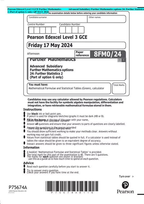 Pearson Edexcel Level 3 Gce Further Mathematics Advanced Subsidiary Further Mathematics Options