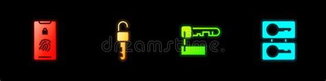 Set Mobile With Fingerprint Scan Unlocked Key Marked And Casting Keys Icon Vector Stock