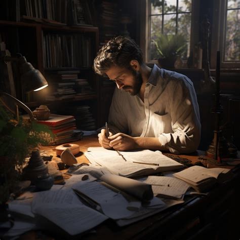 Premium Ai Image A Man Writing In A Dark Room With A Lamp On It