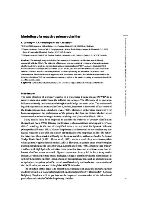 Pdf Modeling Of A Reactive Primary Clarifier