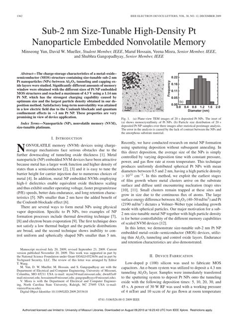 Pdf Sub 2 Nm Size Tunable High Density Pt Nanoparticle Embedded