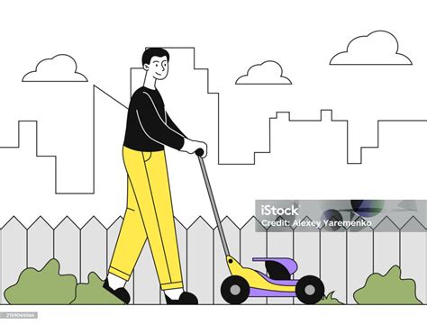 잔디 깎는 기계를 가진 남자 젊은 남자가 뒤뜰에서 잔디를 깎습니다 일상 및 집안일 정원에서 잔디 다듬기 정원 가꾸기 직업 선형 벡터 그림 가든파티에 대한 스톡 벡터 아트 및