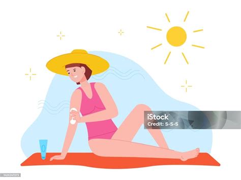 자외선 차단제를 바르는 소녀 아름다운 여자는 손 몸 얼굴이나 다리에 자외선 차단 피부 보호 크림을 사용 보습 태양 황갈색 Spf