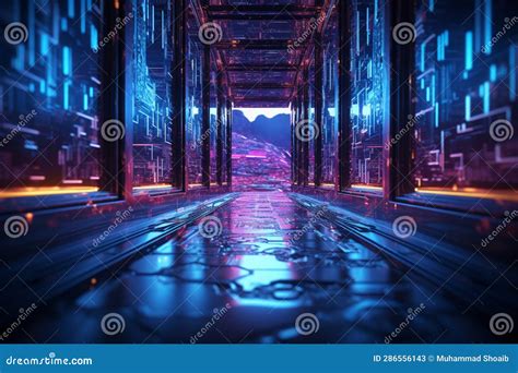 glowing futuristic gateway binary code enters through neon lit open