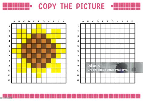 그림을 복사하고 그리드 이미지를 완성합니다 사각형으로 그리는 교육용 워크시트 셀 영역 색칠 유치원 활동 어린이 게임 벡터 일러스트 레이 션 픽셀 아트 해바라기 개발에 대한