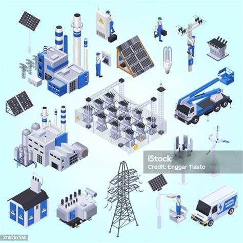 태양 전지판으로 설정된 전기 등각 투영 아이콘 발전소 고전압 전선 흰색 배경 3d 벡터 일러스트 레이 션에 고립 등측투영법에 대한 스톡 벡터 아트 및 기타 이미지 Istock