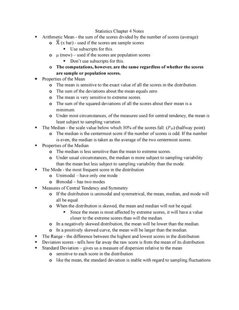 Statistics Chapter Notes Statistics Chapter Notes Arithmetic Mean The Sum Of The Scores