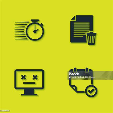 스톱워치 확인 표시가 있는 캘린더 데드 모니터 및 파일 문서 삭제 아이콘을 설정합니다 벡터 0명에 대한 스톡 벡터 아트 및 기타