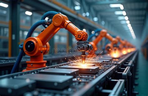 Orange Robotic Arms Work On Automated Assembly Line In Modern Factory Precisely Weld Assemble
