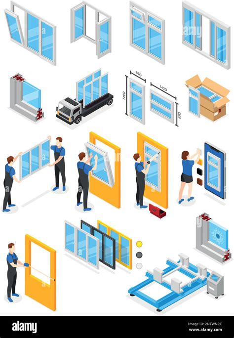 Plastic Windows Isometric Icons Set With Workers Making Reparing And