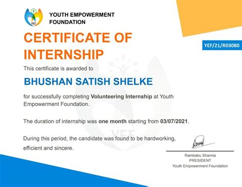 Successfully Completed One Month Of Internship As Volunteer In Yef