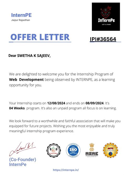 swetha k sajeev on linkedin internpe