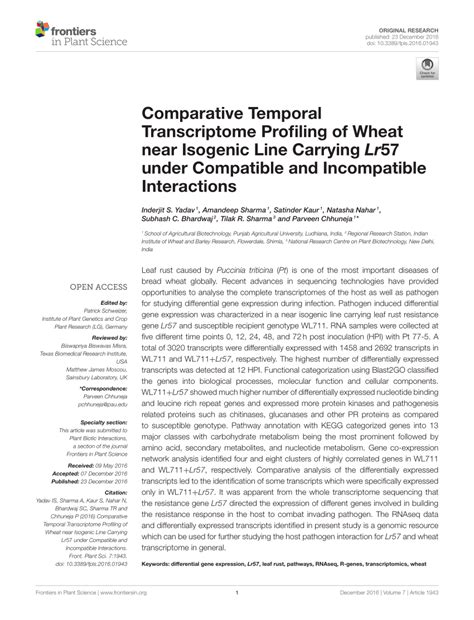 Pdf Comparative Temporal Transcriptome Profiling Of Wheat Near Isogenic Line Carrying Lr57