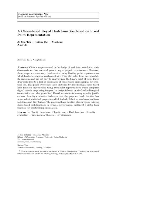 Pdf A Chaos Based Keyed Hash Function Based On Fixed Point Representation