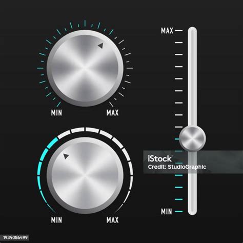 음악 버튼 기술 볼륨 설정 볼륨 조절 전원 볼륨 재생 제어를 위한 금속 인터페이스 버튼 모음 스테레오 제어 저울이 있는 오디오 대시보드 텀블러 벡터 일러스트 레이 션 강철에