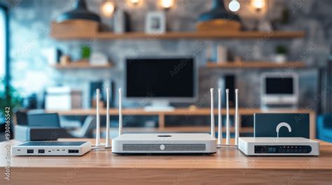 A Modern Office Setup With Various Wireless Routers And Networking