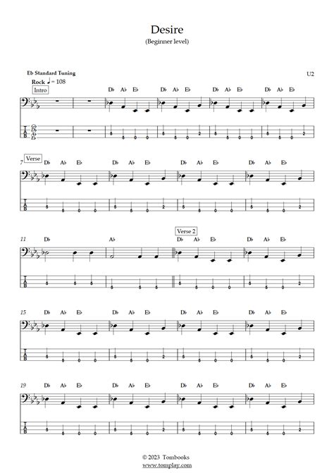 Desire Beginner Level U2 Bass Tabs