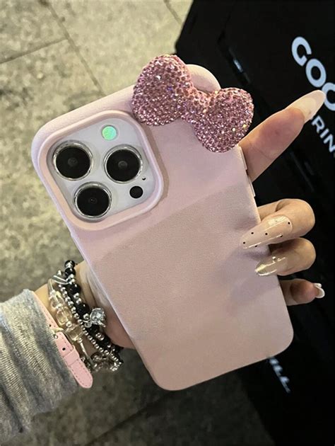 Luxury Rhinestone Bow Litchi Pattern Phone Case Compatible With Iphone 16 15 14 13 12 11 Pro Max