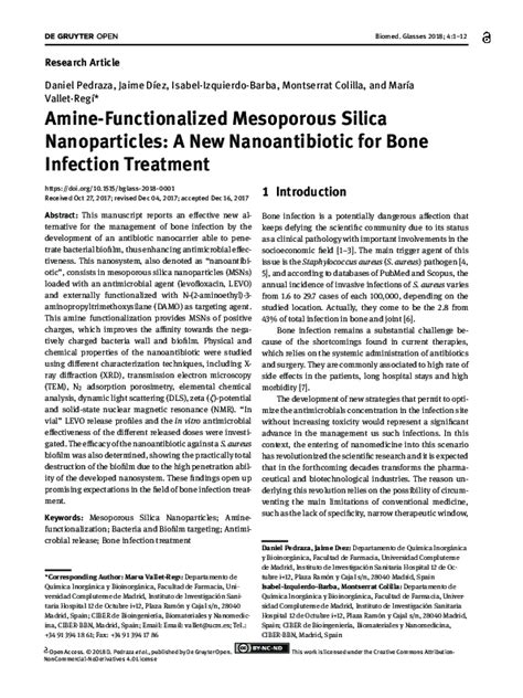 Pdf Amine Functionalized Mesoporous Silica Nanoparticles A New Nanoantibiotic For Bone