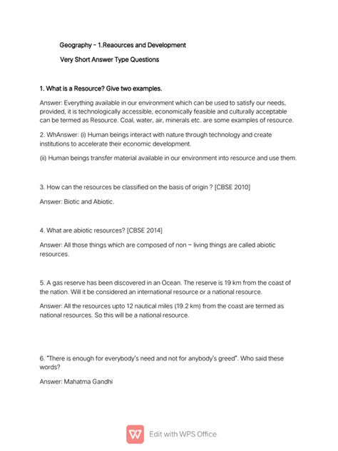 Geo 1very Short Answer Type Questions Pdf Resource Natural