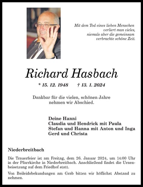 Traueranzeigen Von Richard Hasbach Rz Trauer De