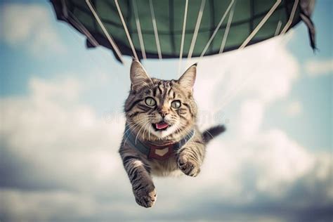 Funny Cat Is Flying On A Parachute In Sky Generative Ai Stock