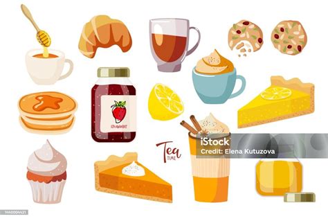 티 타임 꿀과 잼이 든 항아리 차 한잔 패스트리 레몬 맛있는 아침 식사 다양한 맛있는 베이커리 제품과 뜨거운 음료는 티 파티