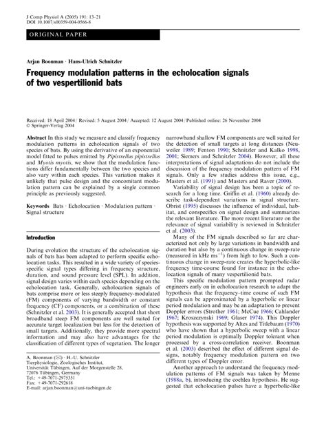 Pdf Frequency Modulation Patterns In The Echolocation Signals Of Two Vespertilionid Bats