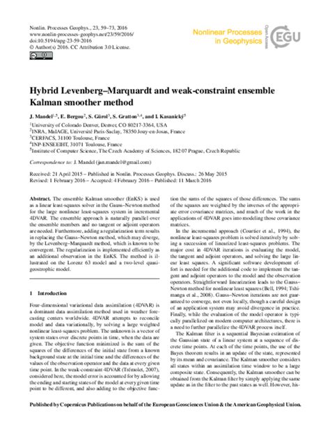 Pdf Hybrid Levenbergmarquardt And Weak Constraint Ensemble Kalman