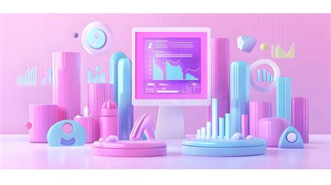 Pastel Pink And Blue 3d Abstract Data Visualization With Charts And Graphs On Computer Screen Ai