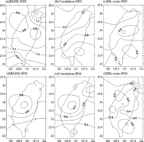contour plots of a d rmse b e correlation coefficient r and