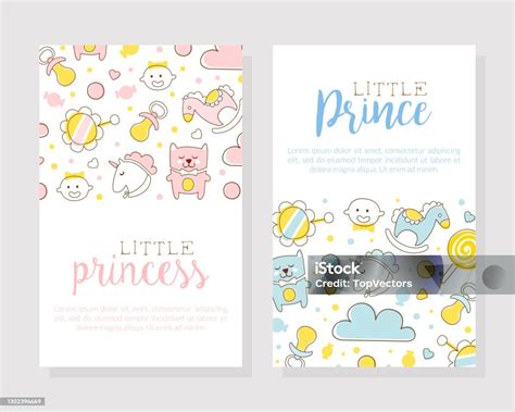 어린 왕자와 공주 카드 템플릿 세트 아기 소년과 소녀 제품 가게 상점 전단지 브로셔 책 표지 포스터 I초대 디자인 만화 벡터 일러스트 0명에 대한 스톡 벡터 아트 및 기타